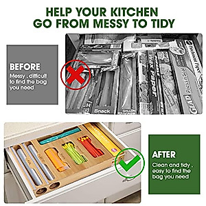 Ziplock Bag Storage Organizer Bamboo - 6 in 1 Wrap Dispenser with Cutter, Suitable for Gallon, Quart, Sandwich & Snack Bag, Cling Film, Aluminum Foil etc; Compatible with 12" Kitchen Rolls