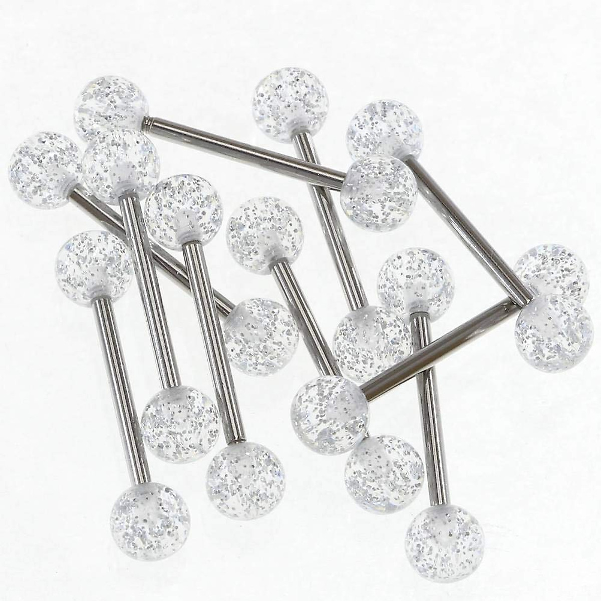 Oasis Plus 4pcs 14G Clear Glitter Surgical Steel Tongue Ring Nipple Barbell 6mm UV Acrylic Ball