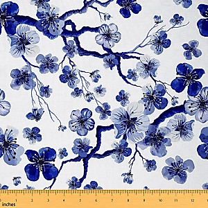 Flowers Plant Fabric by The Yard Blue Peach Blossom Floral DIY Sewing Craft Hobby Fabric by The Yard Spring Theme Watercolor Decorative Fabric for Upholstery and Home Accents,2 Yard