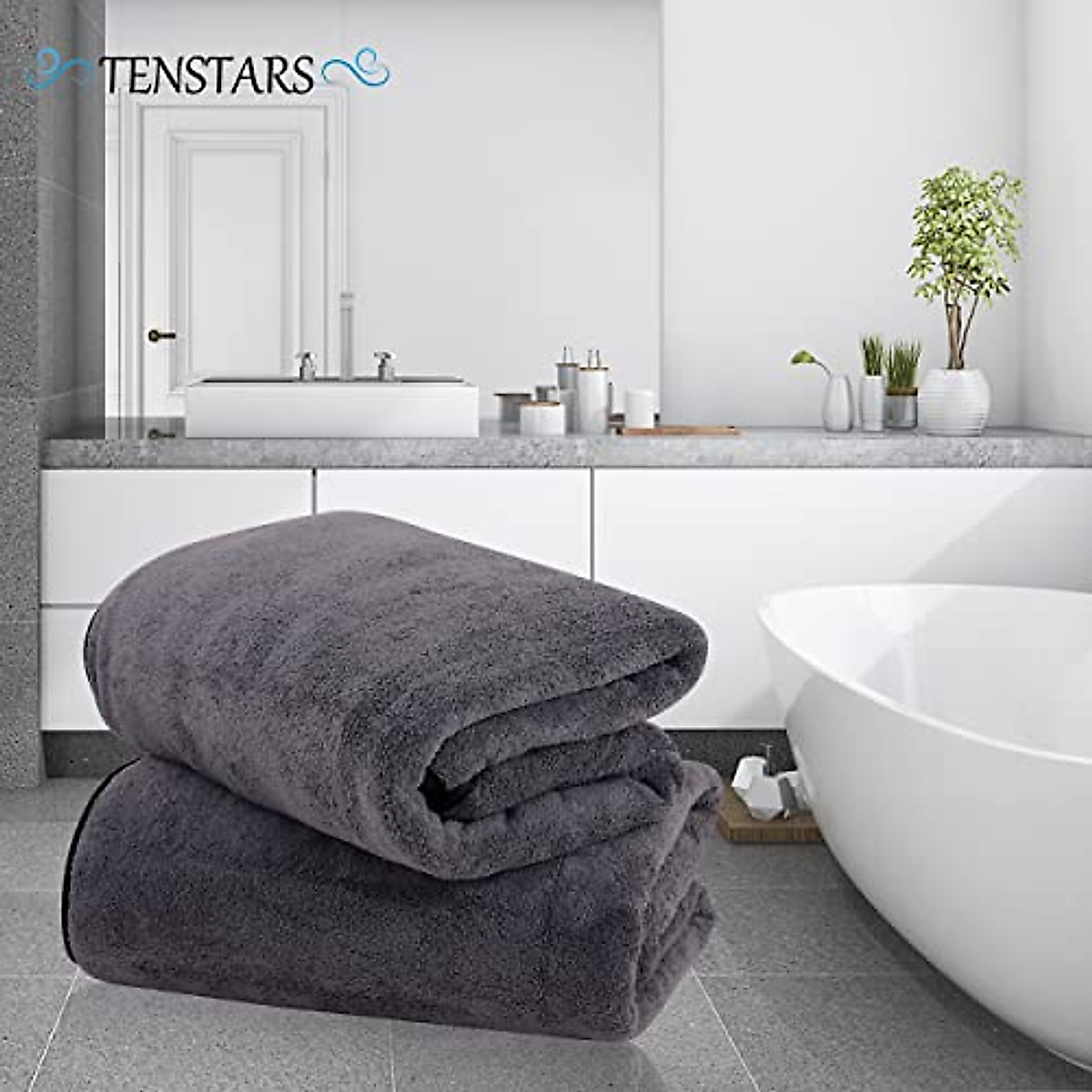 TENSTARS Silk Hemming Bath Towels for Bathroom Clearance - 27 x 55 inches - Light Thin Quick Drying - Soft Microfiber Absorbent Towel for Bath Fitness, Sports, Yoga, Travel, Gym - 2 Pack, Dark Grey