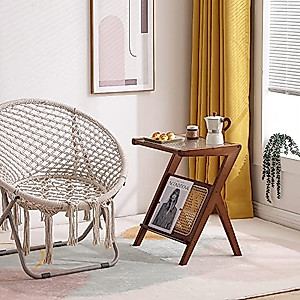Tiita Rattan Side Table, Mid Century Nightstand, Bamboo Accent Bedside Tables, Glass Coffee Tables, Boho Wooden End Table with Storage for Small Space, Living Room and Bedroom