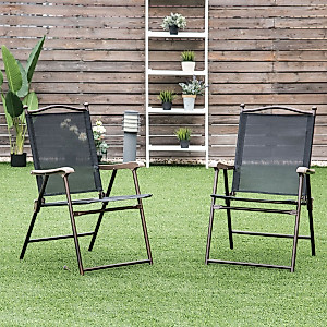 Giantex Set of 2 Patio Folding Chairs, Sling Chairs, Indoor Outdoor Lawn Chairs, Camping Garden Pool Beach Yard Lounge Chairs w/Armrest, Patio Dining Chairs, Metal Frame No Assembly, Black