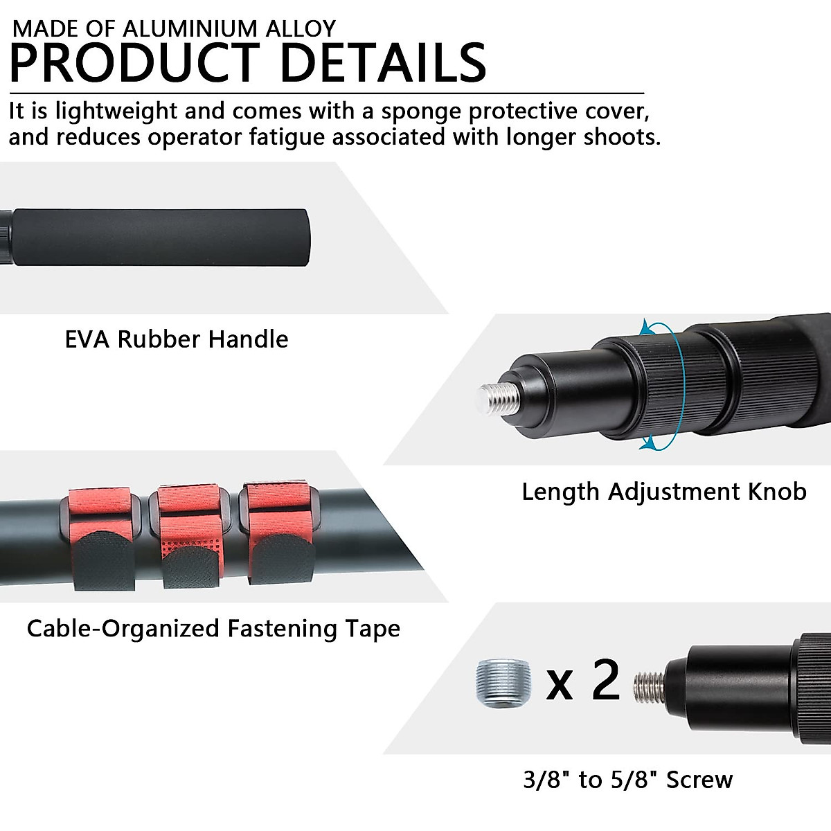 Portable Handheld Boom Pole for Shotgun Mic, 3-Section Extendable Microphone Arm for Filming with 3/8" and 5/8" Threads, 3ft to 8.3ft Adjustable Length