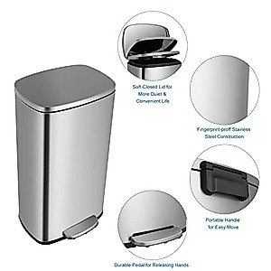 PUPL 8 Gallon(30L) Kitchen Trash Can, Brushed Stainless Steel Garbage Bin with Removable Plastic Inner Bucket & Metal Pedal, Recycle Rubbish Silent and Soft Lid for Office, Home, Outdoor, Silver