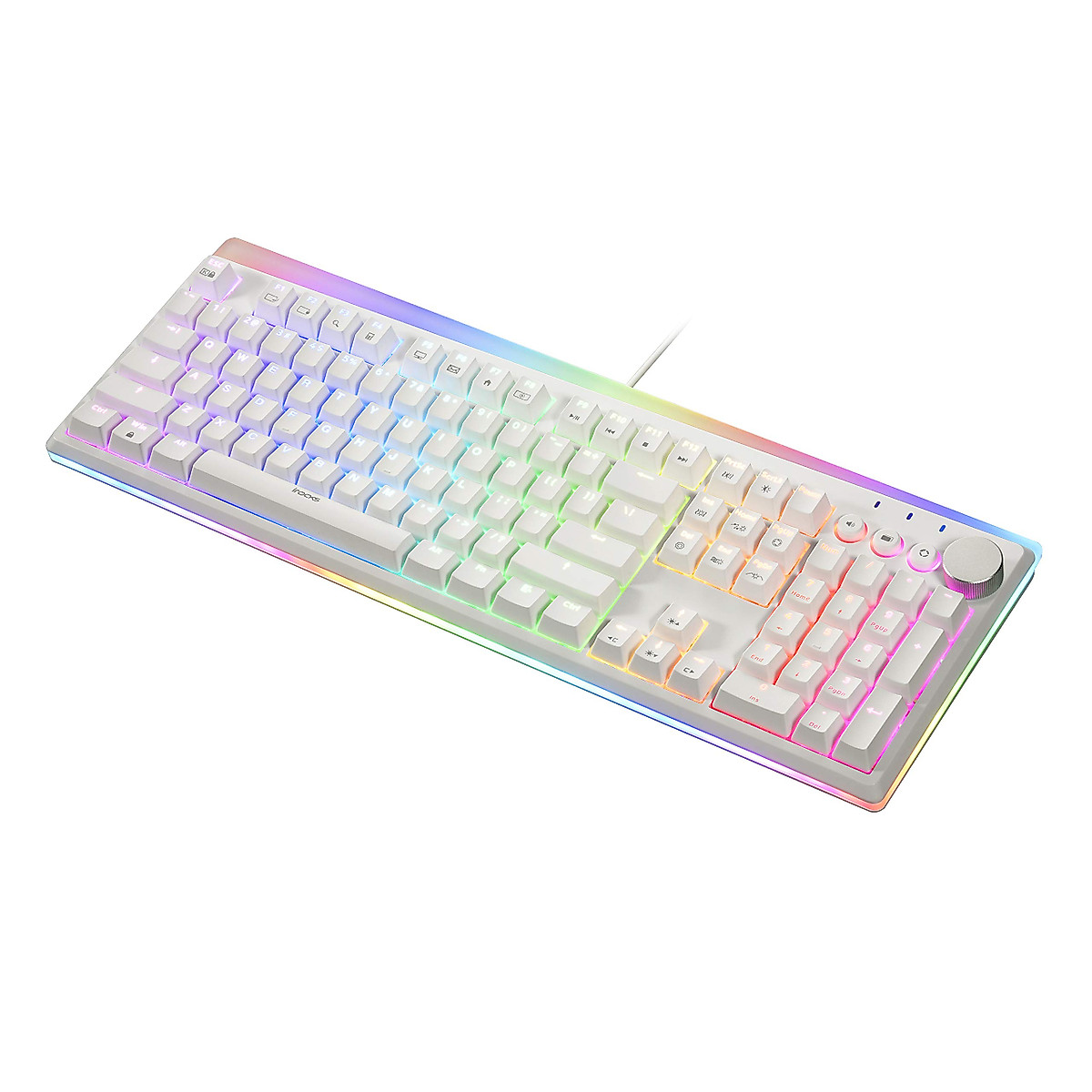 i-rocks K71M RGB Mechanical Gaming Keyboard with Media Control Knob, Gateron Switches (Brown), 107 Keys w/Full NKRO, PBT Keycaps, Multimedia Hotkeys, Detachable USB-C Cable and Onboard Storage, White