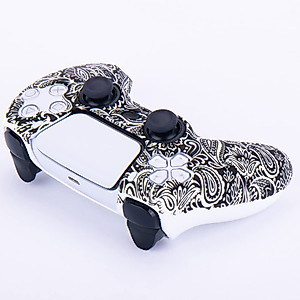 YoRHa Water Transfer Printing Silicone Thickened Cover Skin Case for PS5 Controller x 1(Leaves Red) with Thumb Grips x 10