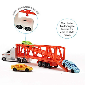 Vokodo Toy Semi Truck Trailer 3 Car Carrier 14" Friction Powered with Lights and Sounds Kids Push and Go Big Rig Auto Transporter Vehicle Semi-Truck Pretend Play Great Gift for Children Boys Girls