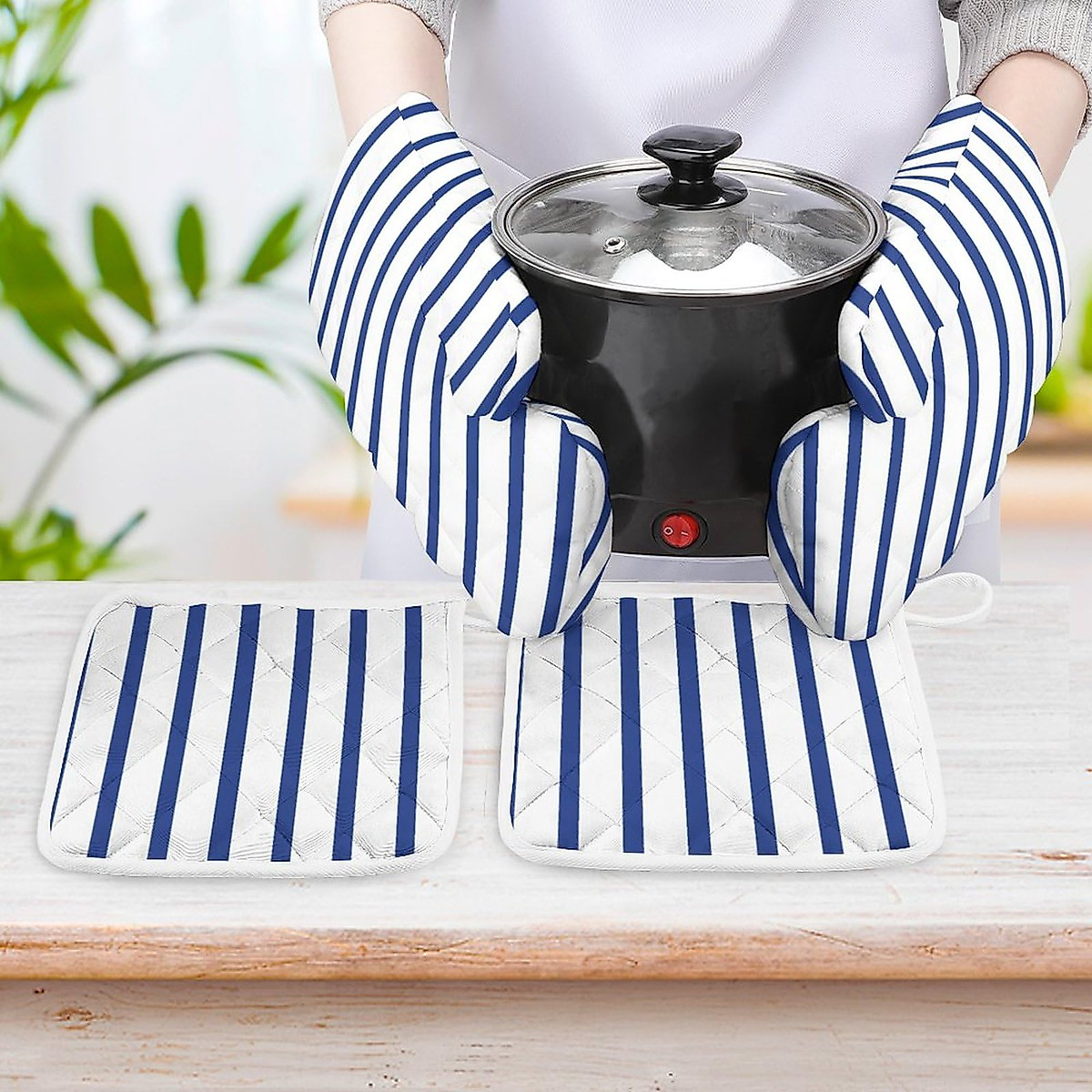 Modern White Royal Blue Stripes Oven Mitts and Pot Holders, 4PCS Heat Resistant Oven Mitts Glove Sets Kitchen Microwave Anti-Scald Pot Holders for Baking Cooking