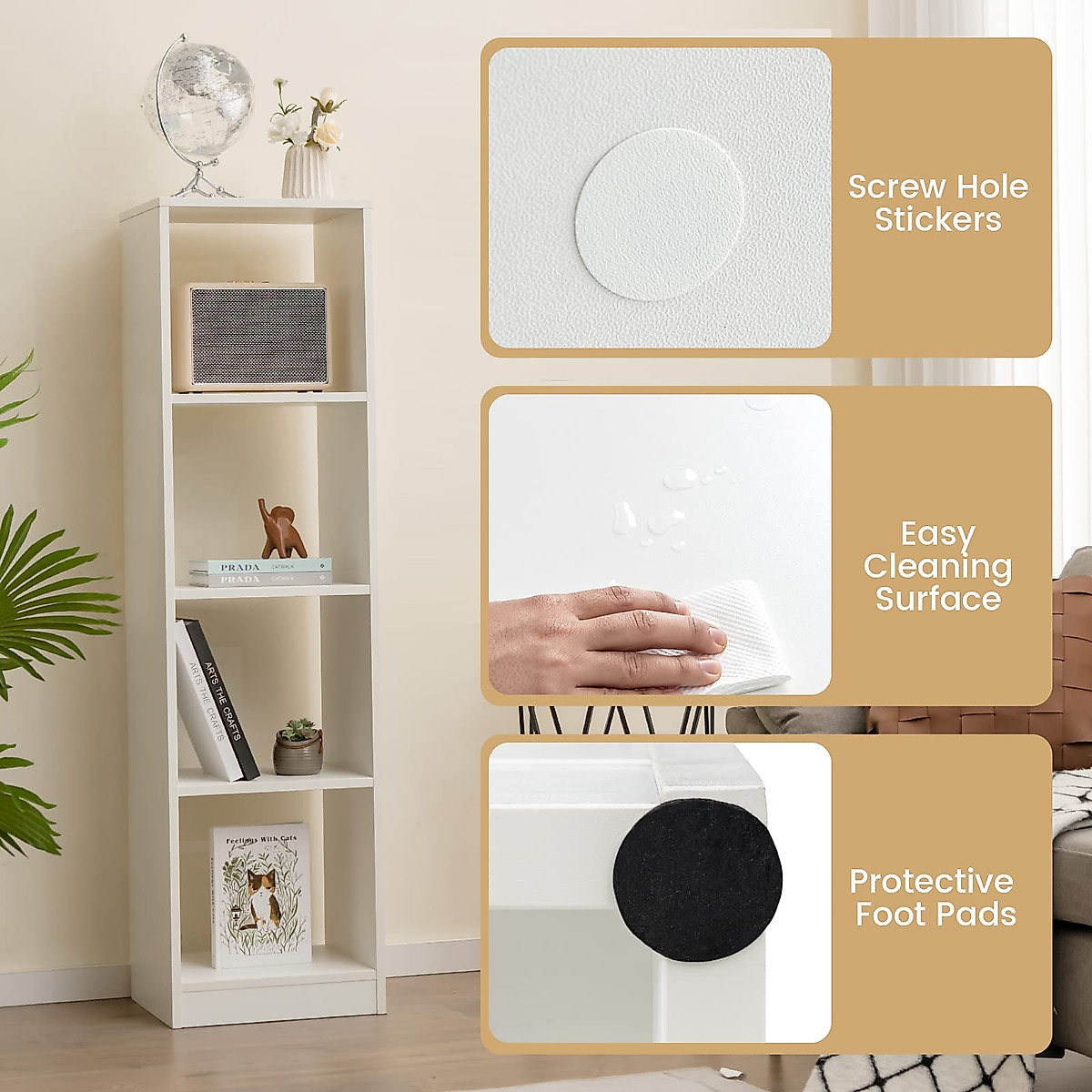 SILKYDRY 56” Tall White Bookshelf, 4 Cube Vertical Storage Organizer with Anti-Tip Kits, Freestanding 5-Tier Narrow Open Shelf Bookcase for Small Space, Bedroom, Study, Home Office (1)