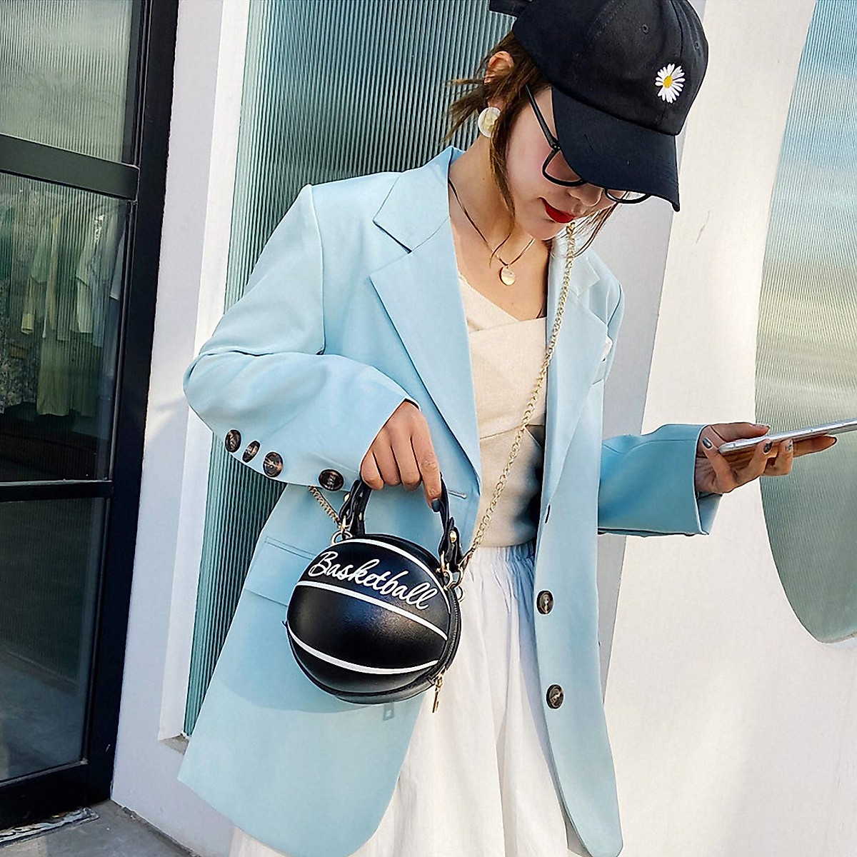 VALICLUD Shoulder Purse Round Basketball Shaped Bag PU Leather Round Handbag Shoulder BagsFashion Cow Crossbody Bag Fashion Winter Messenger Tote Bag for Women Girls (Black) Novelty Shaped Purse