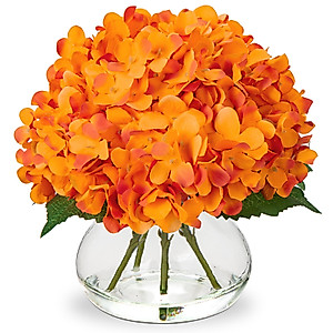 Hollyone Hydrangea Artificial Flowers in Vase Orange Silk Fake Flowers Arrangements with Glass Vase with Faux Water Faux Floral Bulk Bouquet for Office Table Centerpiece Shelf Home Decoration