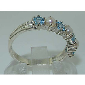 LetsBuyGold 925 Sterling Silver Cultured Pearl & Blue Topaz Womans Eternity Band Ring - Size 10
