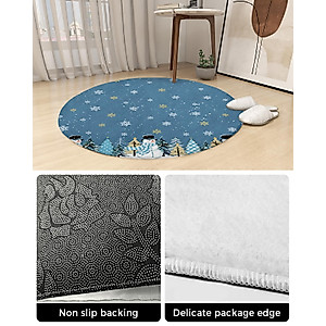 Christmas Snowman Fluffy Round Area Rug Carpets 3.3ft, Plush Shaggy Carpet Soft Circular Rugs, Non-Slip Fuzzy Accent Floor Mat for Living Room Bedroom Nursery Home Decor Blue Winter Tree Snowflake