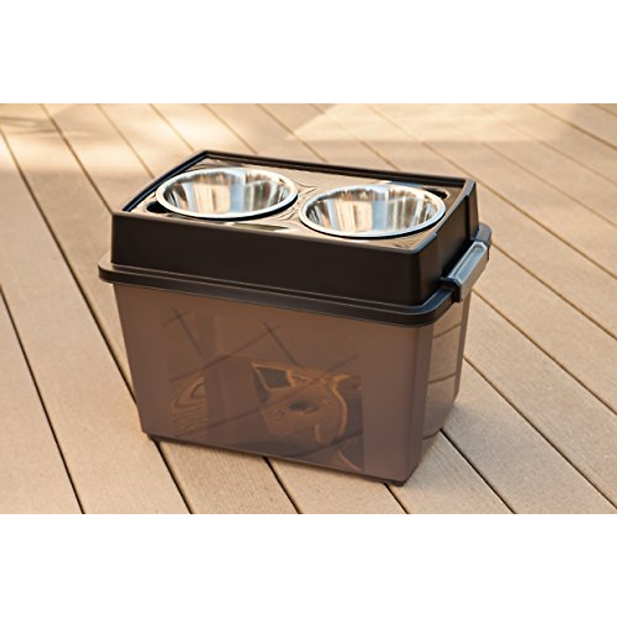 IRIS USA 47Lb / 45QT Large Elevated Feeder with WeatherPro Airtight Pet Food Storage Container, Dry Food Bin with Removable Stainless Steel Bowls Large Dog At Home Camping Roadtrip , Smoke