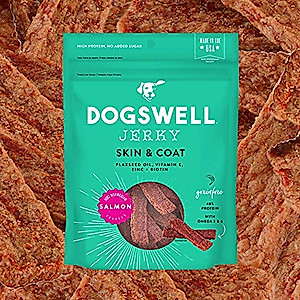Dogswell Jerky Skin and Coat – Mini Salmon Jerky Dog Treats with Dog Skin & Coat Support (4 oz. Salmon)