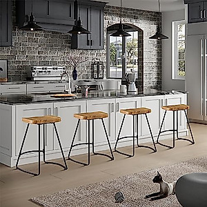 JUBILOOM 24 Inch Bar Stools, Counter Height Bar Stools with Metal Leg, Kitchen Stools with Wood Saddle, Industrial Backless Bar Stools for Kitchen Island, Natural Solid Elm Wood Black Metal, 624PNR1