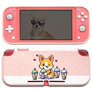 BelugaDesign Corgi Boba Case | Cute Kawaii Dog Bubble Tea Pastel Pet Cover | Snap Shell Compatible with Nintendo Switch (Switch Lite, Pink)