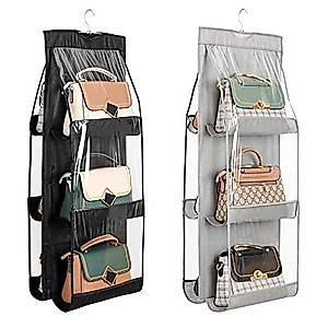 ZB.soar Hanging Handbag Organizer, 2 Pcs * 6 Pockets, Upgrade Dust Proof Purse Organizer Closet, Wardrobe Closet Organizer, Washable Handbag Organizer for Women Handbags Purse (Black&Gray)