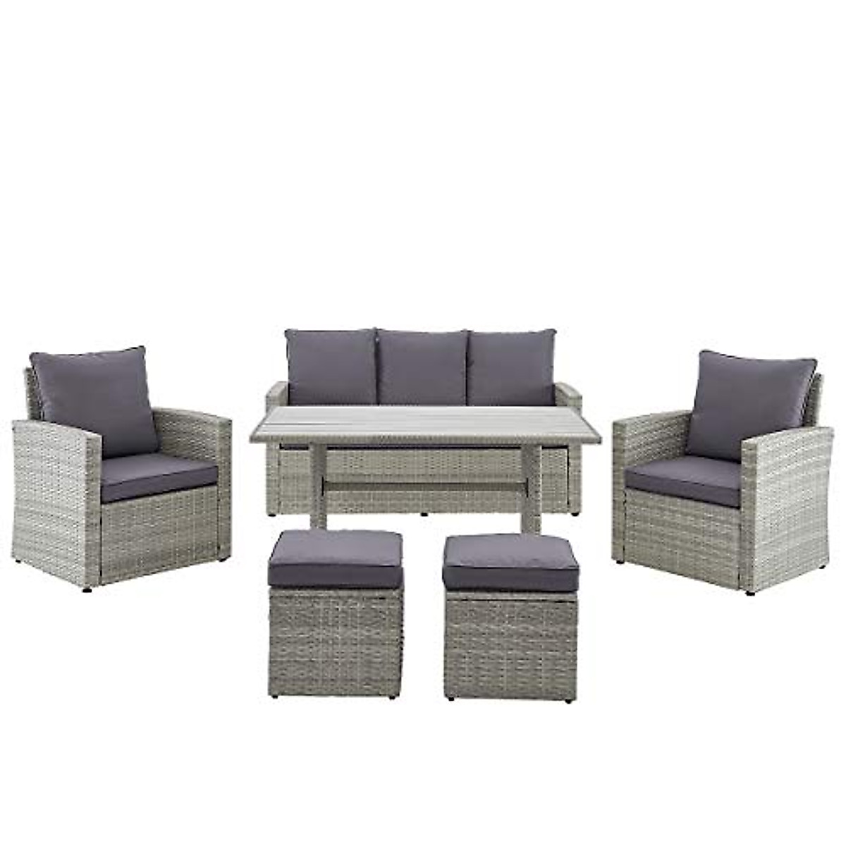 Barton 6 Pieces Patio Dining Sets Outdoor Space Saving Rattan Chairs with Table Patio Furniture Sets Cushioned Seating and Back Sectional Conversation Set (Grey)