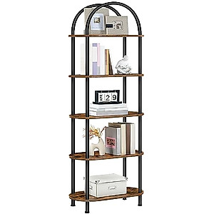 HOOBRO 5 Tier Bookshelf, Industrial Bookcase Arched, Tall Standing Bookshelves and Bookcases, Open Storage Shelves, Wooden Book Shelf for Bedroom, Living Room, Rustic Brown Bookshelf BF176SJ01