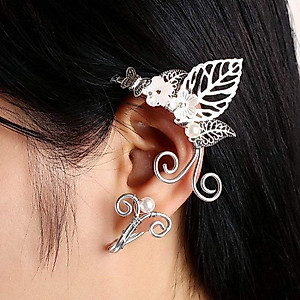 Yolmina Elf Ear Cuffs, Handmade Clip on Earrings - Pearl Wing Tassel Filigree Elven Earrings for Women - Fantasy Fairy Halloween Costume, Cosplay, Wedding, Handcraft