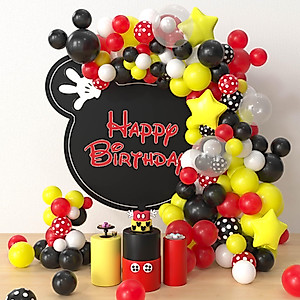 HYOWCHI Mickey Birthday Party Supplies - 132 Pcs Mickey Theme Birthday Baby Shower Party Balloon Garland Arch Kit, Red Yellow Black White Latex Balloon Arch For Mickey Theme Party Decorations