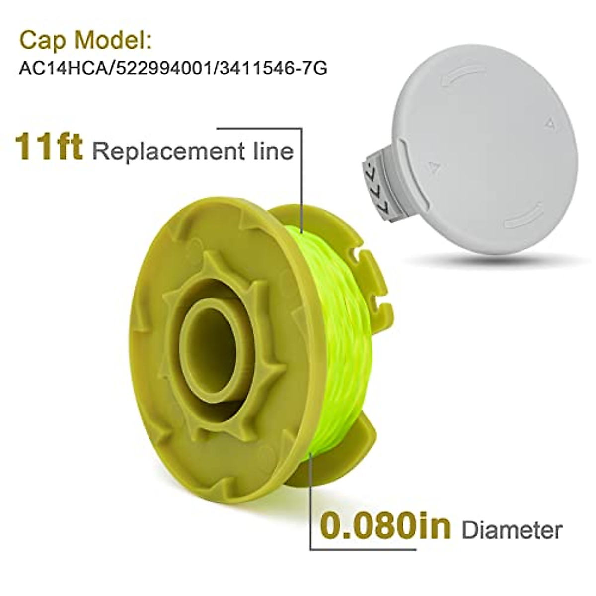 AC80RL3 String Trimmer Replacement Spool Compatible with Ryobi One Plus+ 18v 24v 40v Auto-Feed Cordless Trimmers, 11ft 0.08inch Spool Refills for Ryobi Weed Wacker String (16 Spools, 4 Caps)
