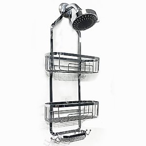 HOPOPRO Hanging Shower Organizer, Over Head Shower Caddy Bathroom Shower Storage Rack Basket with Hooks for Sponge or Towels No Drilling & Rustproof, Chrome