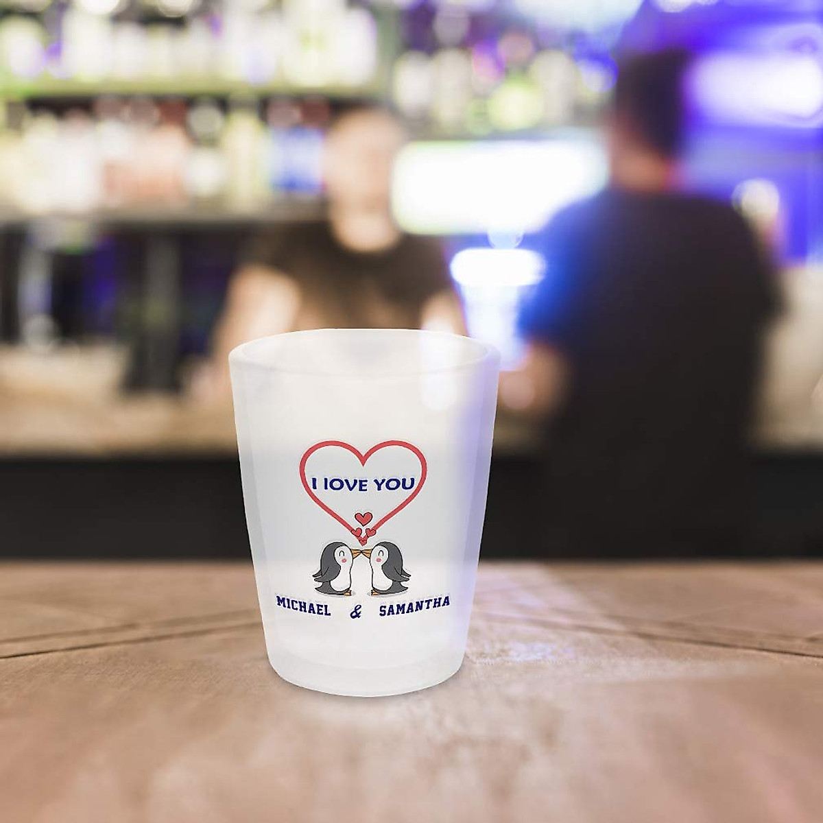 Personalized Custom Text I Love You Two Penguins Ceramic Shot Glass Cup