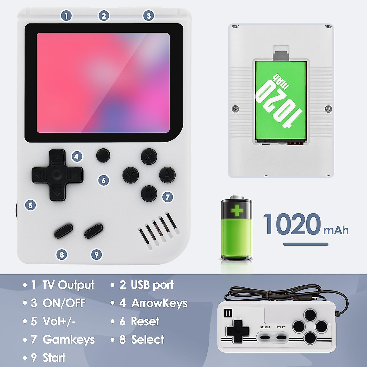 BLANDSTRS Handheld Game Console, Retro Game Player with 500 Classic FC Games 3.0 inch Screen, Rechargeable Battery Portable Games Controller