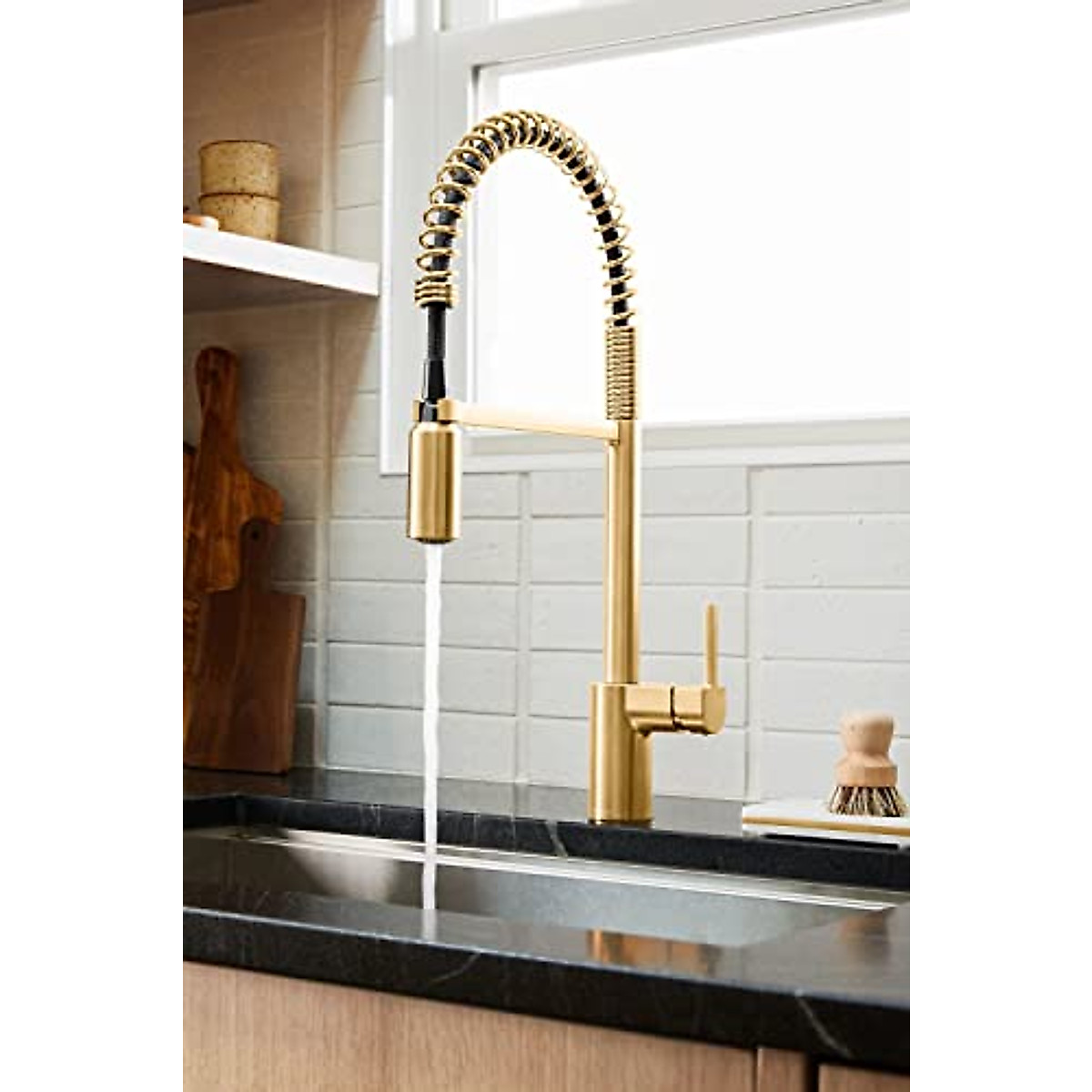 Moen Align Brushed Gold One Handle Spring Pulldown Kitchen Faucet, Farmhouse Style High-Arc Kitchen Sink Faucet with Power Boost for a Faster Clean, 5923SRS
