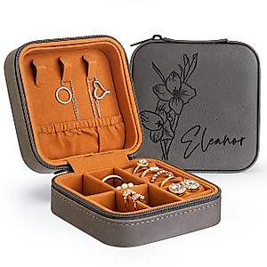 Custom Leather Jewelry Box w/Name & Birth Flower Month - Birthday Gifts for Women, Personalized Jewelry Travel Case - Customized Jewelry Organizer Box, Mom Birthday Gifts - Gray