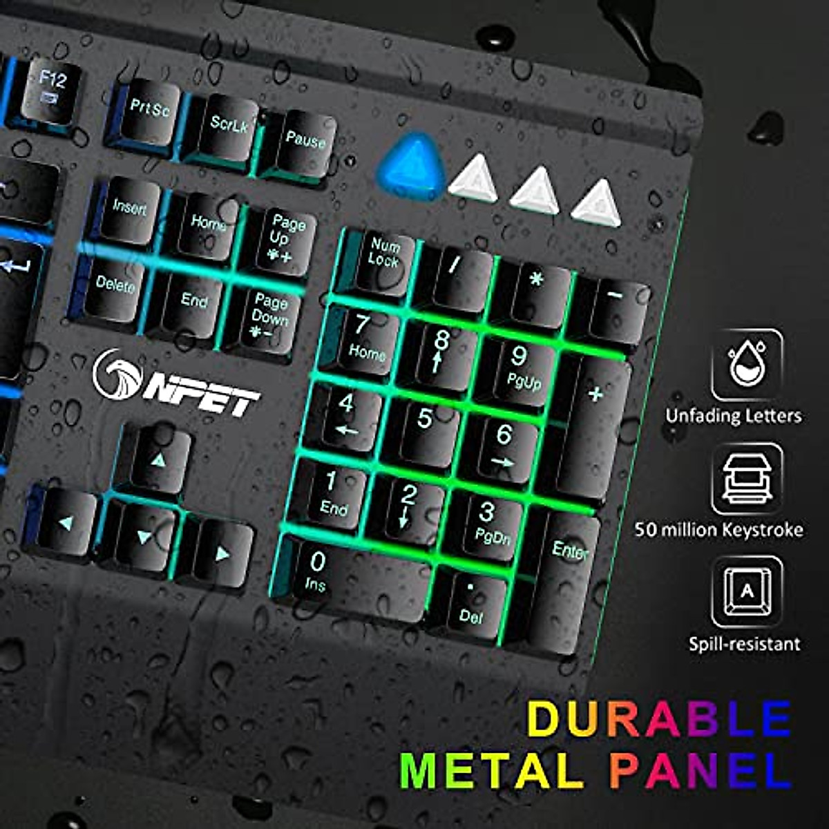 NPET K510 Gaming Keyboard, Wired LED Backlit Computer Keyboard with Ergonomic Wrist Rest, 12 Multimedia Keys & 19 Keys Anti-ghosting USB Full Size Rainbow Keyboard for Laptop/Desktop/PC