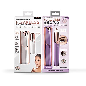 Finishing Touch Flawless Women's Painless Hair Remover, White/Rose Gold with Finishing Touch Flawless Brows Eyebrow Pencil Hair Remover and Trimmer, Purple
