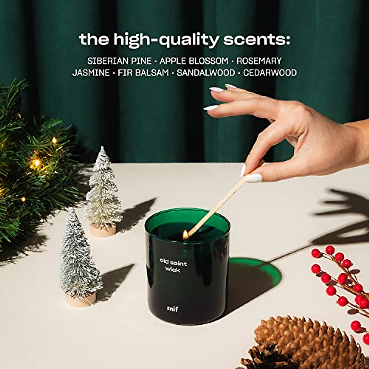 Snif Old Saint Wick Christmas Scented Candle | Siberian Pine, Apple, Rosemary, Jasmine, Fir Balsam, Sandalwood Cedar Wood | Soy and Vegetable Wax Holiday Candles Gift | 50+ Hours Burn Time, 8.5oz