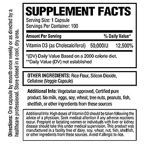 Vitamin D3 50,000 IU units for Bones Teeth Muscles and Immune System - High Potency Dose Vit D Vegetarian Approved Health Supplement - Pharmacist created and approved - 100 count