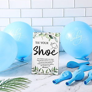51 Pcs Tie Your Shoe Baby Shower Game Sign Wooden Baby Shower Sign Greenery Baby Gift Sets Gender Reveal Party Favors 50 Balloons Baby Latex Balloons for Baby Shower Game Supplies (Blue, Leaf)