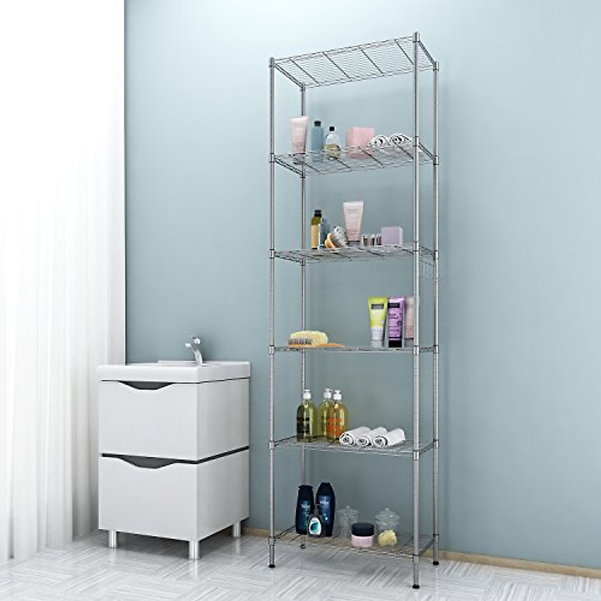 Homdox 6-Tier Storage Shelf Wire Shelving Unit Free Standing Rack Organization with Adjustable Leveling Feet, Stainless Side Hooks, Silver