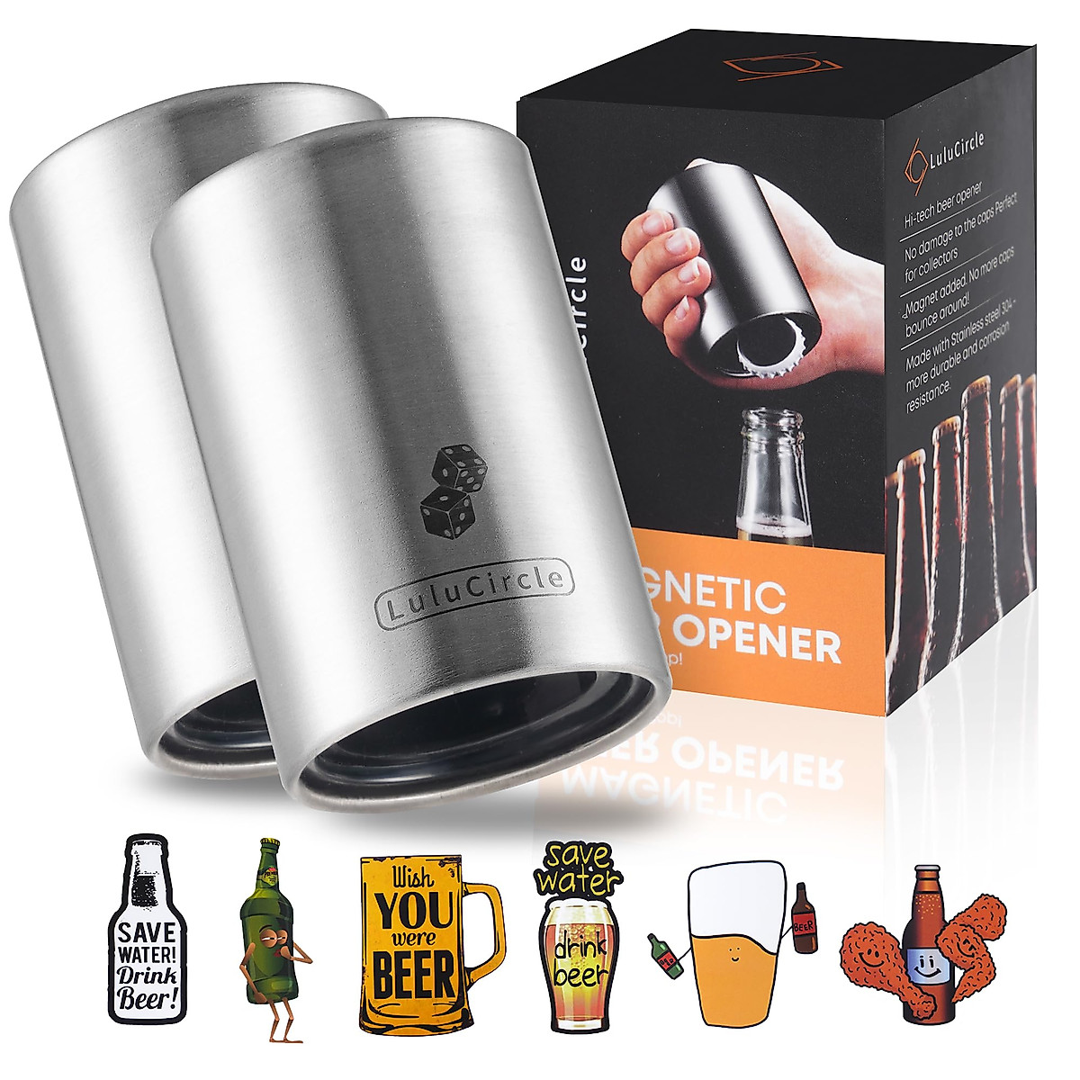 Beer Bottle Opener, Automatic Magnetic Bottle Openers, Funny Gifts, Soda Cap Opener, Stainless Steel Push Down Opener, My Beer Buddy, 2 Openers, 20 Stickers