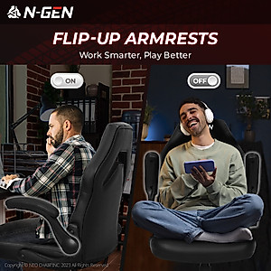 N-GEN Video Gaming Computer Chair Ergonomic Office Chair Desk Chair with Lumbar Support Flip Up Arms Adjustable Height Swivel PU Leather Executive with Wheels for Adults Women Men (Black)
