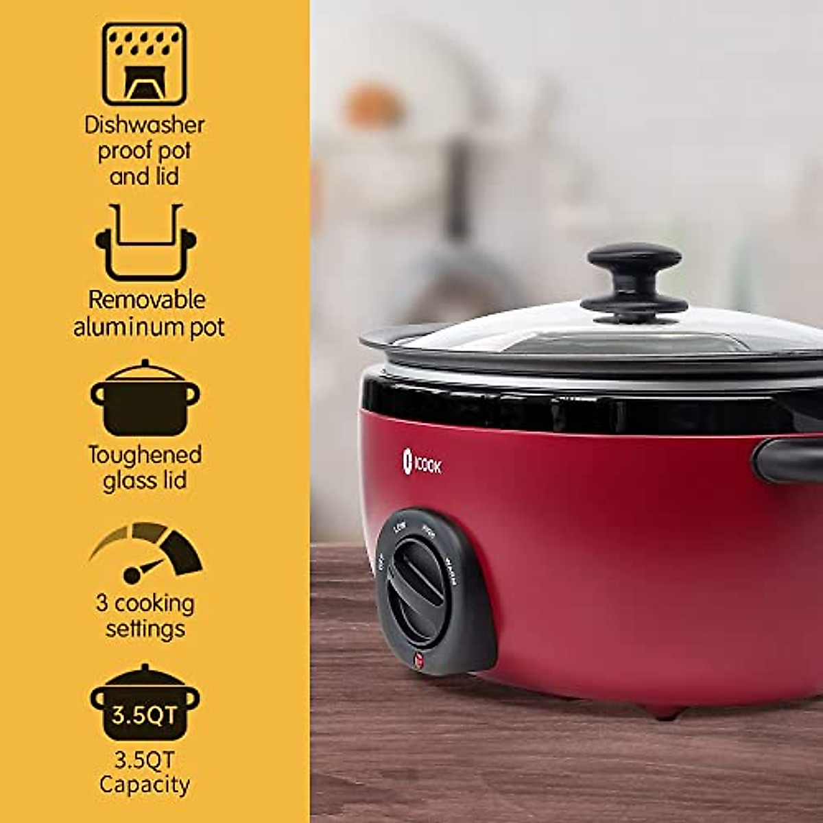ICOOK USC-35-OP001RD 3.5 Quart Slow Cooker,Aluminium Sear/Sauté Stew Pot Stovetop safe,Dishwasher Safe,Glass Lid,Adjustable Temp,Food Warmer,Red