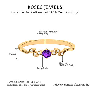 Natural Amethyst Diamond Promise Ring for Women - Pre Engagement Ring, 5 MM Round Amethyst Solitaire Ring, AAA Quality, 14K Yellow Gold, Size:US 8.00