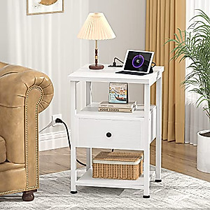 Ecoprsio Nightstand Set of 2 with Charging Station, End Table Bedside Table with USB Ports, Modern Nightstands with Drawers Storage Shelf, Wood Night Stands for Bedroom, Living Room, Sofa Couch, White