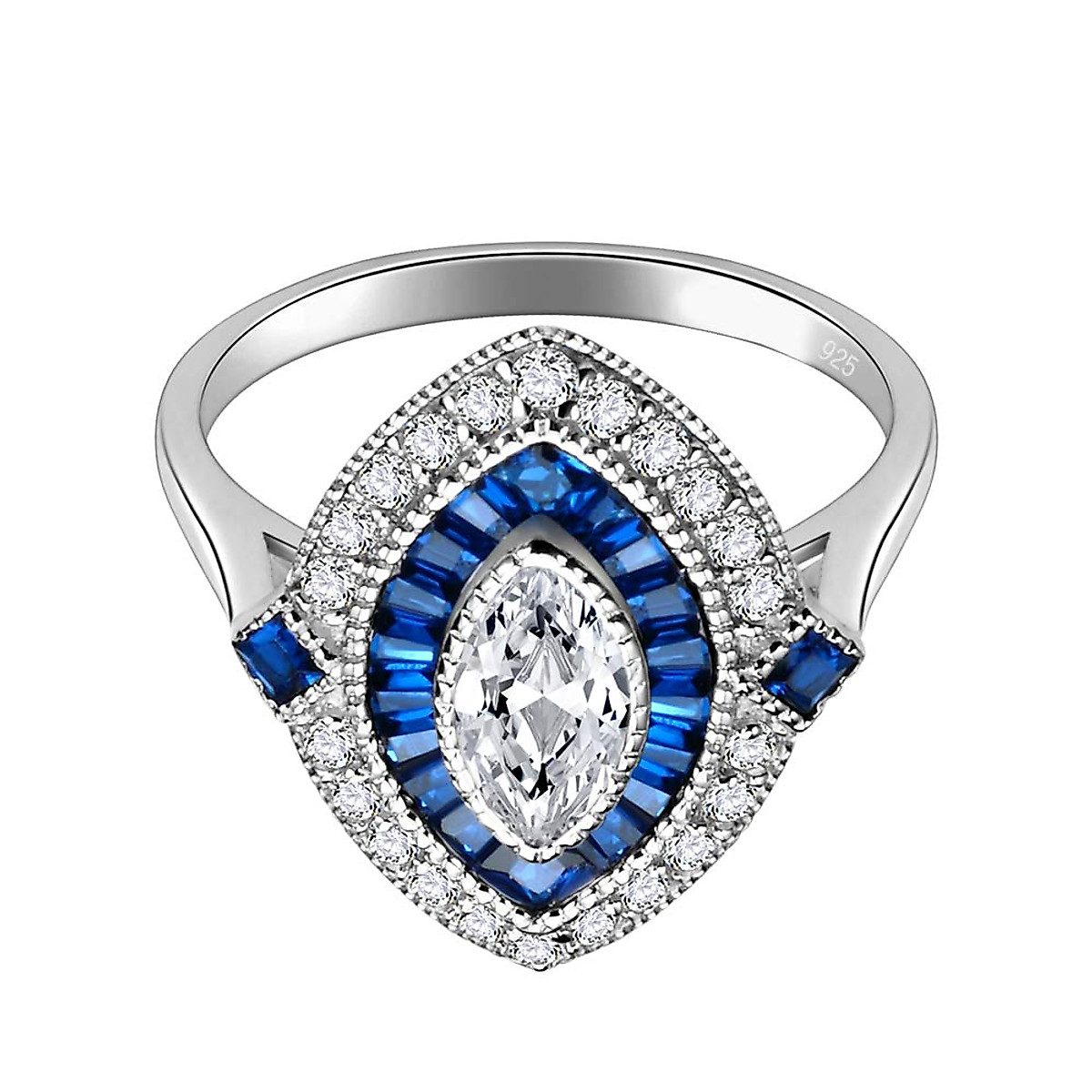 Lavencious Royal Halo Clear & Blue CZ Stones Engagement Rings in Sterling Silver 925 Size 6 to 10 (Marquise-Blue, 7)