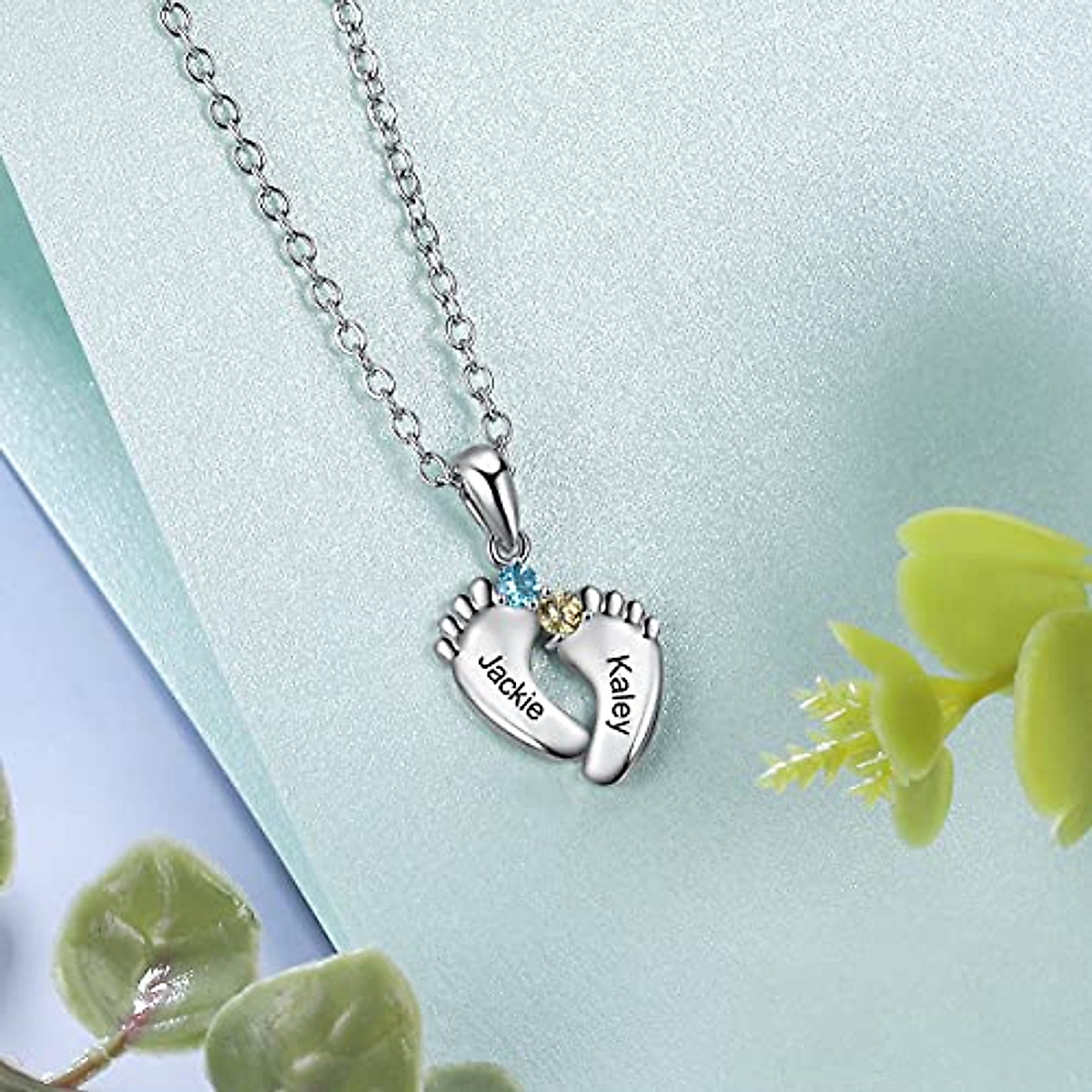 Lam Hub Fong Personalized Mother's Day Gifts for Mom Necklace with 1-6 Baby Feet Birthstone Necklace for New Mom Engrave Name Necklace for Mother Family (2 Feet)