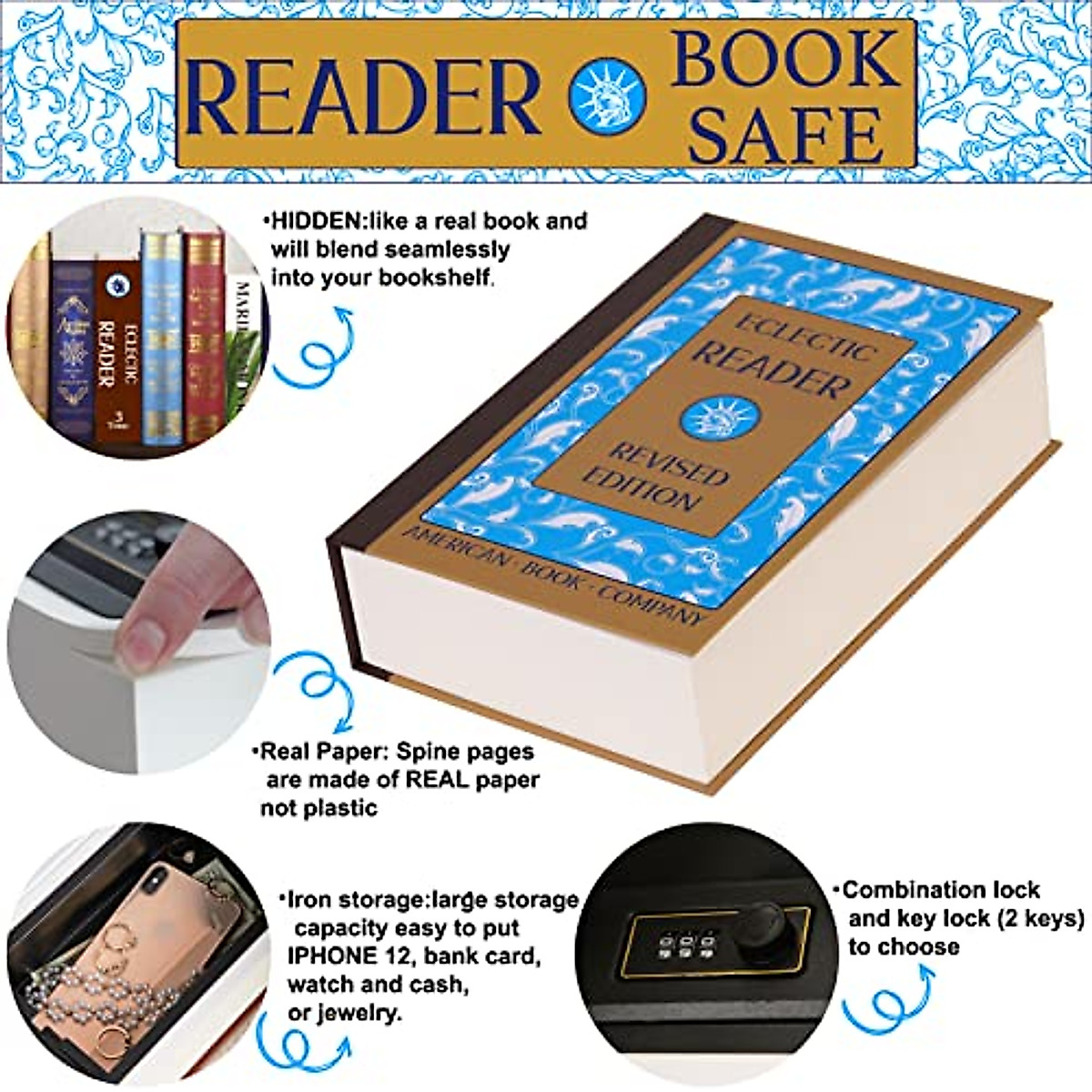 READER Book Safe Storage Box with Real Pages Key Lock Box Money Safe Book Storage Lock Boxes for Personal Items Large Capacity Diversion Safes Hold Phone,Cash