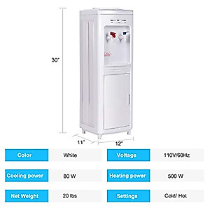 COSTWAY Water Cooler Dispenser for 3-5 Gallon Bottle, Top Loading Hot and Cold Water Dispenser with Storage Cabinet, Child Lock, Water Cooler with Compression Refrigeration Technology, White