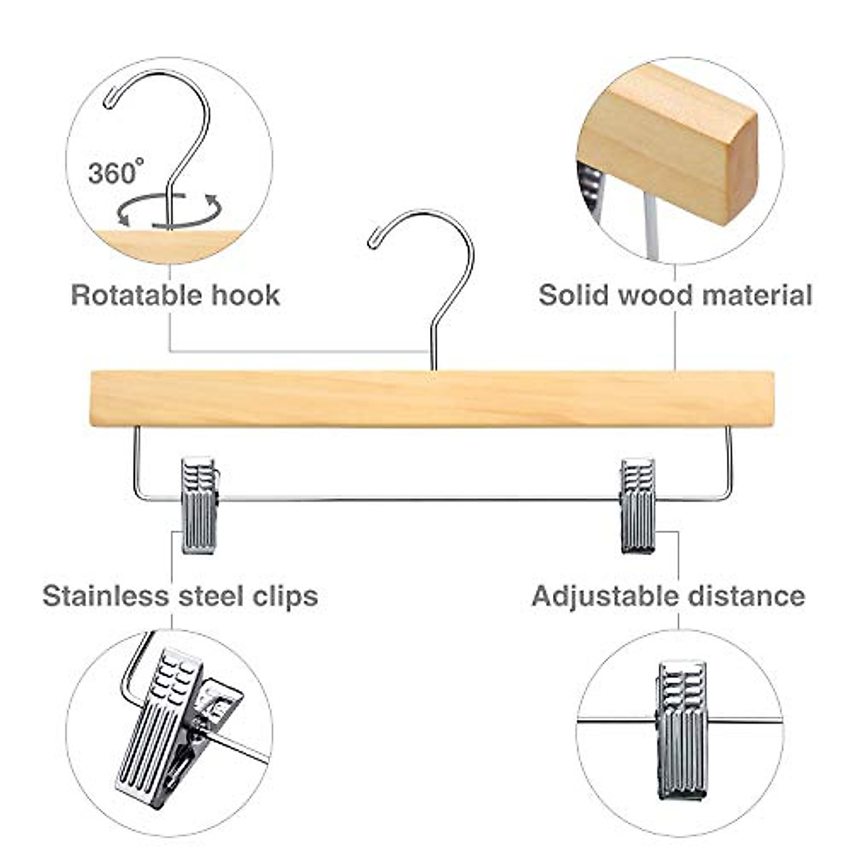 HOUSE DAY Wooden Pants Hangers with Clips 25 Pack, Wood Skirt Hangers for Women, 14 Inch Hangers for Pants with Clips, Solid Wood Pants Hangers for Men.360 Swivel Hook Bottom Hangers- Natural