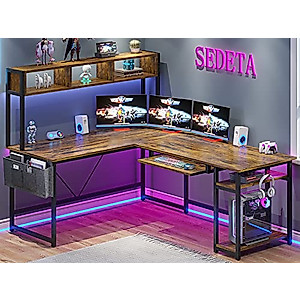 SEDETA L Shaped Computer Desk, Reversible Corner Desk or 94.5" Office Desk, Computer Desk with Led Lights, Keyboard Tray, Headphone Hook and Storage Shelves for Home Office, Rustic Brown