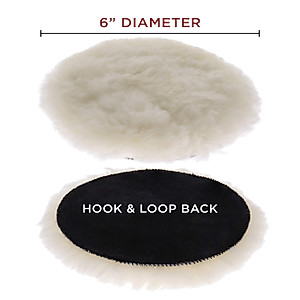 TCP Global 6" All Natural Premium 100% Wool Buffing Pad - 1" Thick Pile- Hook and Loop Grip Attachment Buffing & Polishing Pad (Pack of 2)